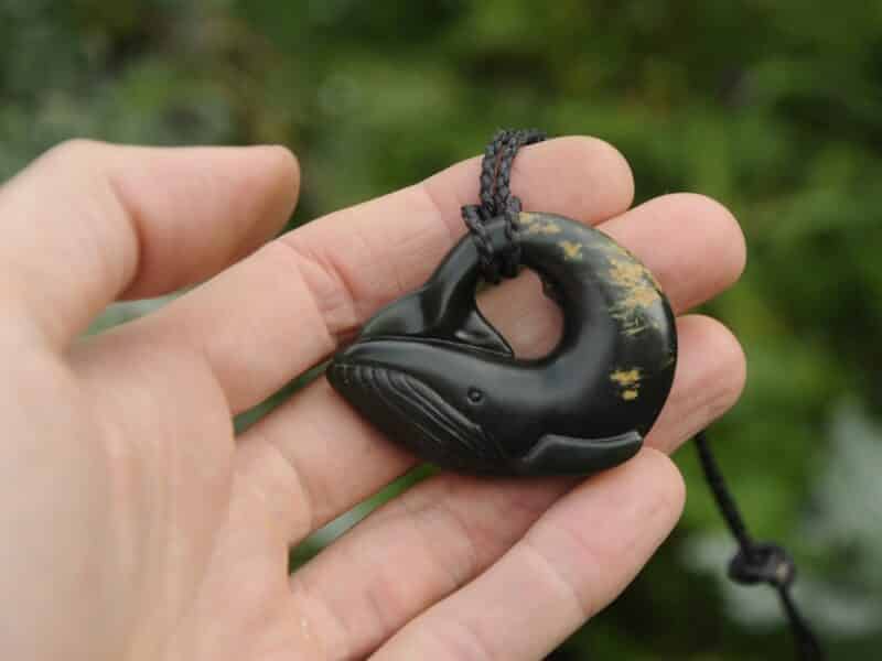 Dominick - brown pounamu ruru and Flower blue whale — A Carved Piece